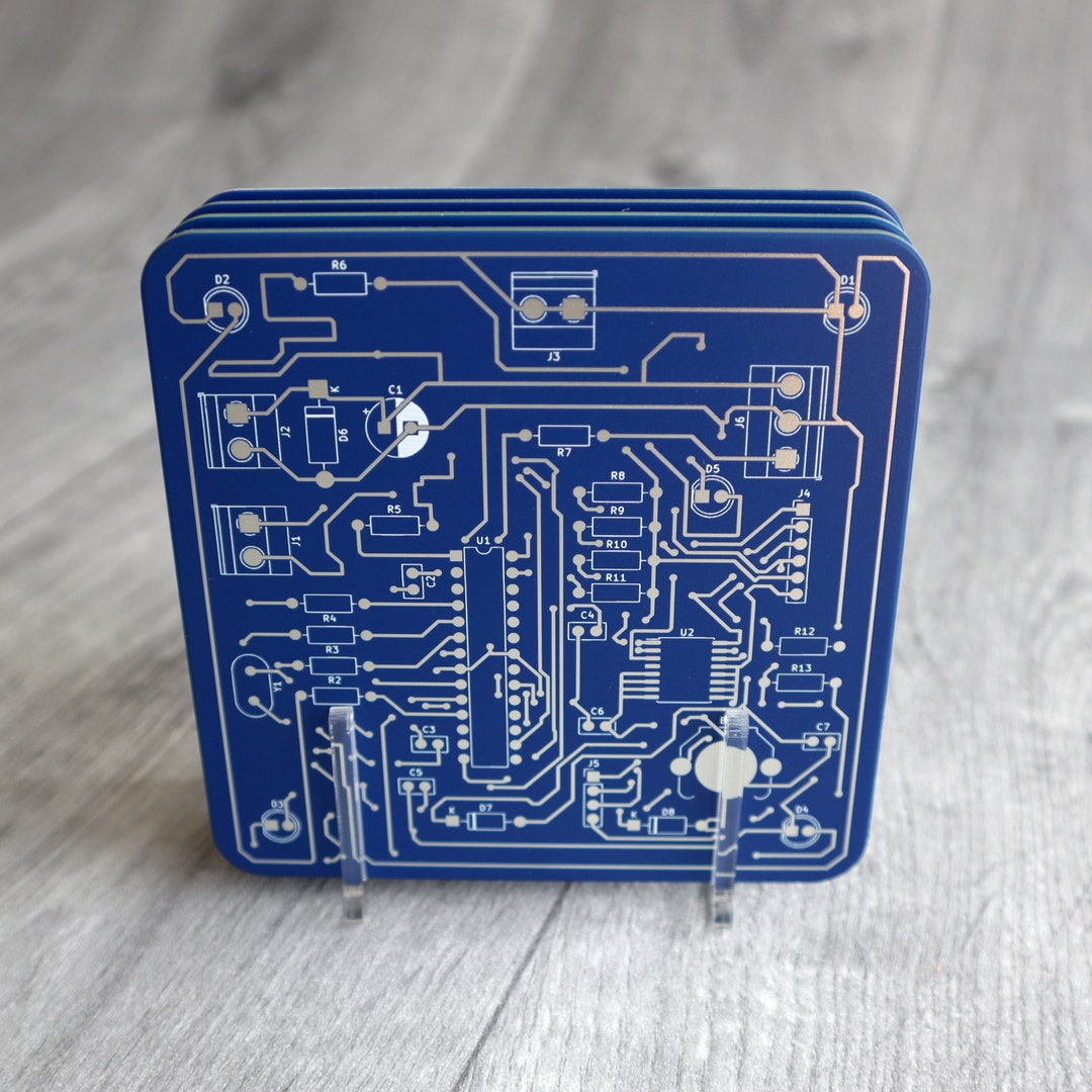 Circuit Board Coasters, Set of 4 With Display Stand. Blue PCB. 10cm X ...
