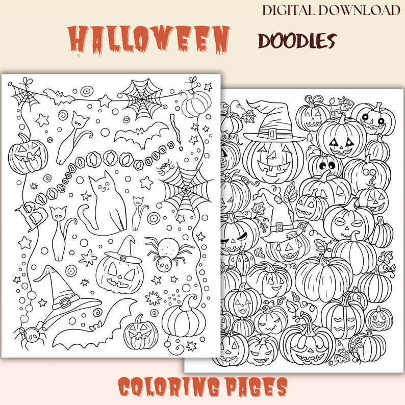 Spooky Doodle Halloween Coloring Pages Halloween Patterns - Etsy