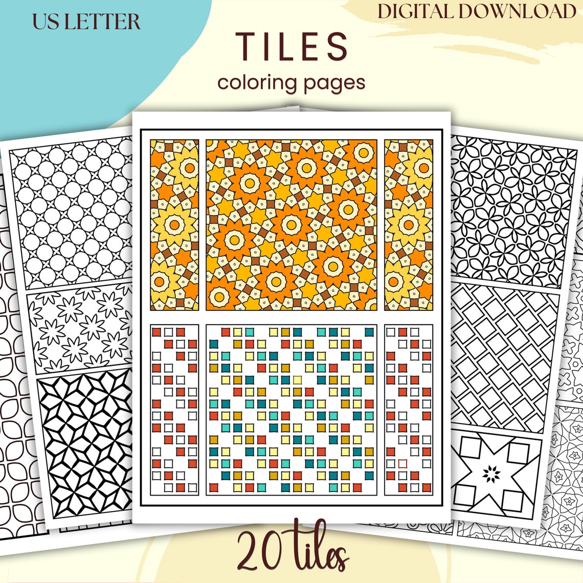 Geometric Tiles Coloring Pages, Mosaic Patterns (digital Download ...