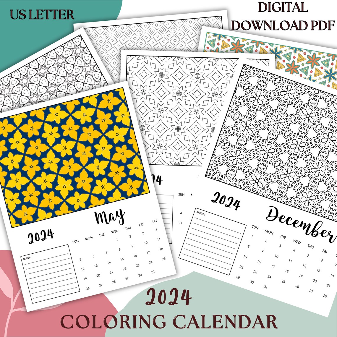 2024 Coloring Calendar, Printable 2024 Calendar Coloring Pages - Etsy