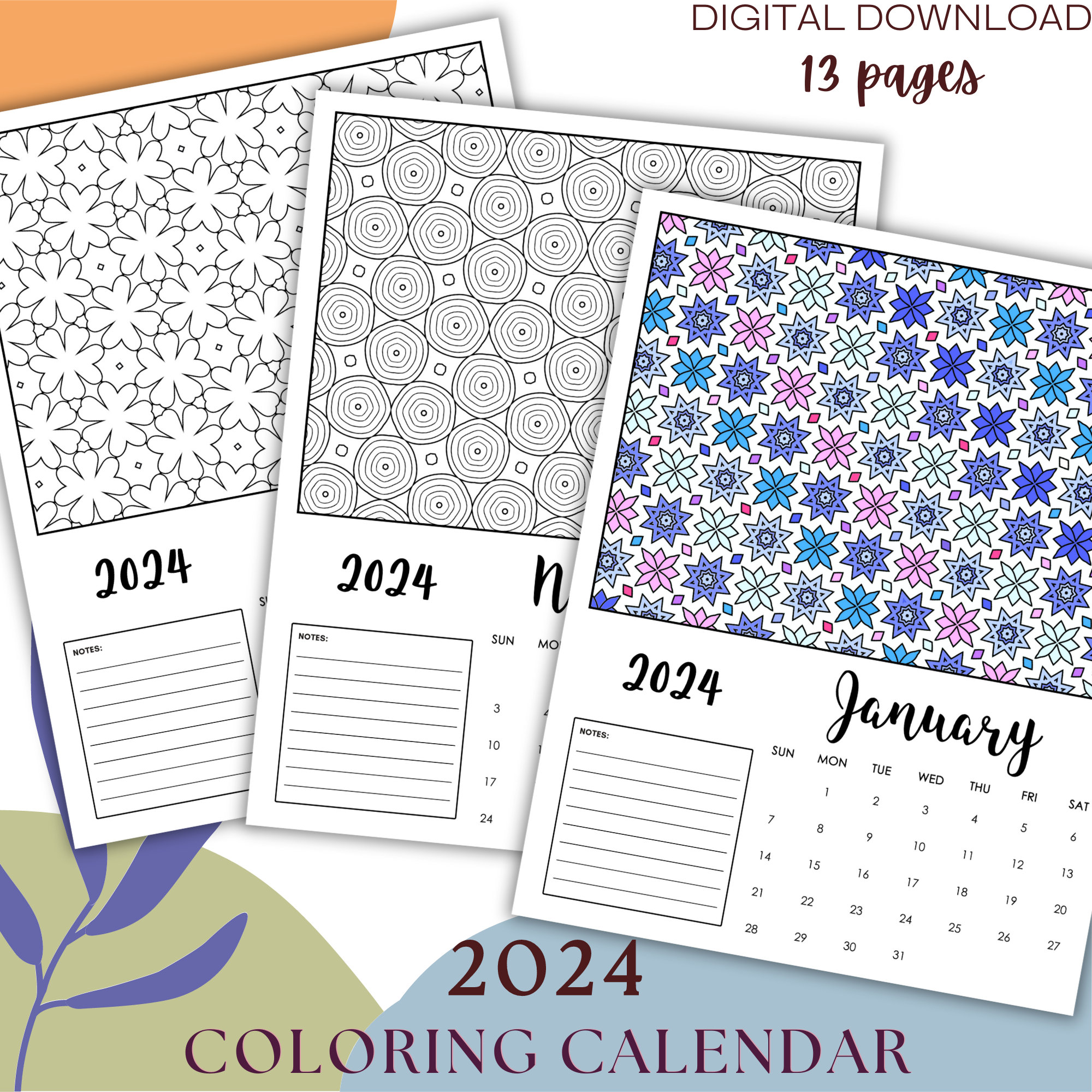 2024 Coloring Calendar, Printable 2024 Calendar Coloring Pages - Etsy
