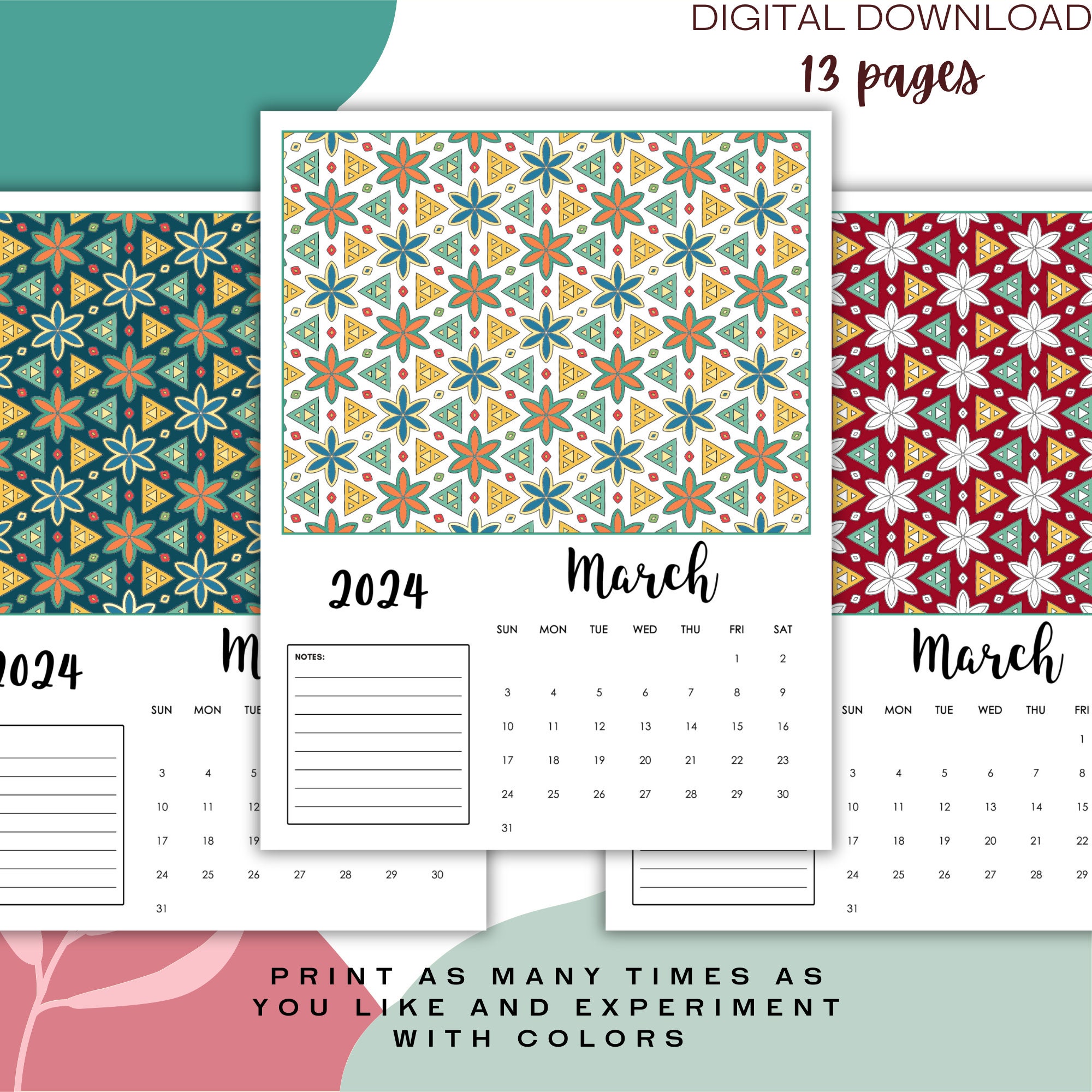 2024 Coloring Calendar, Printable 2024 Calendar Coloring Pages - Etsy