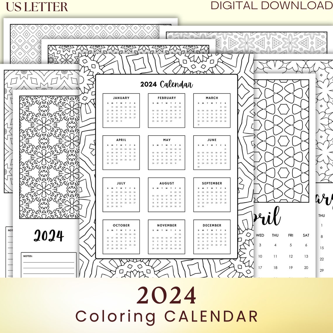 2024 Coloring Calendar, Printable 2024 Calendar Coloring Pages - Etsy