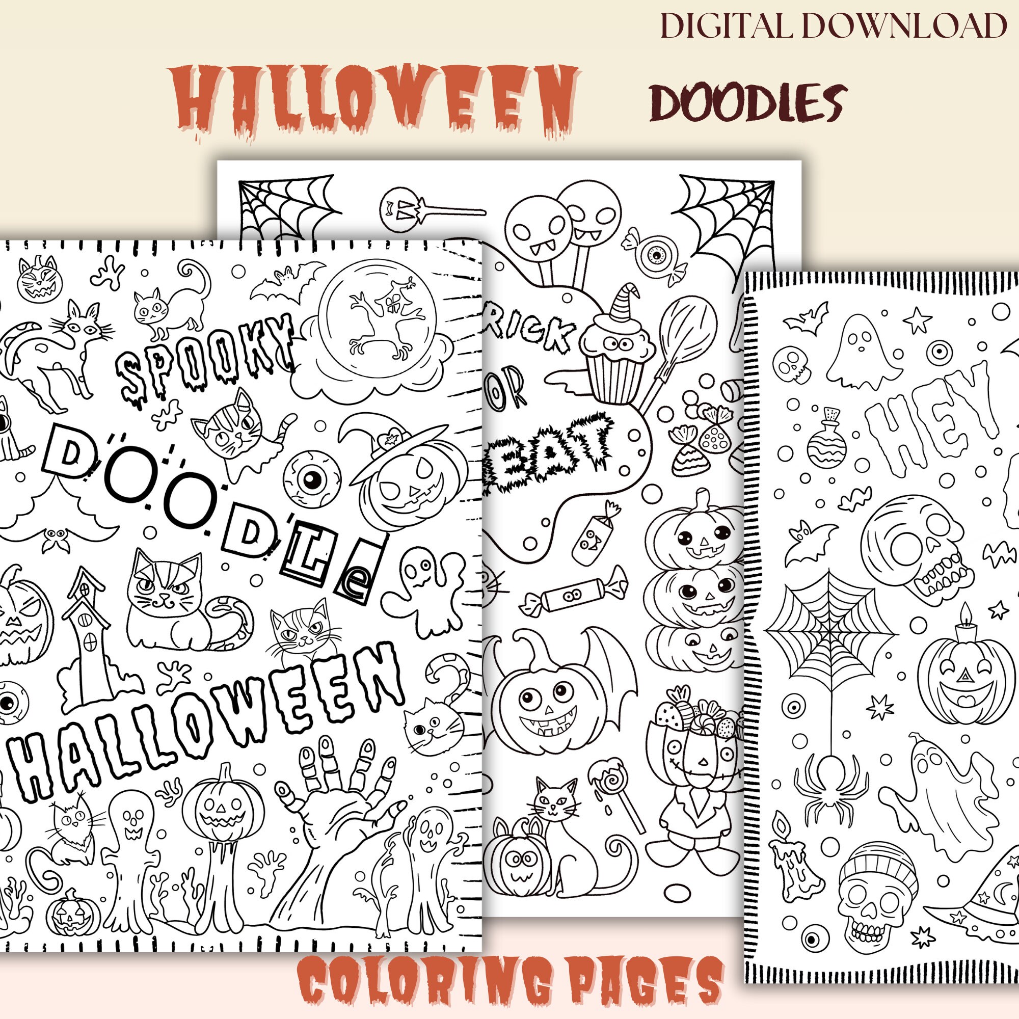 Spooky Doodle Halloween Coloring Pages Halloween Patterns - Etsy