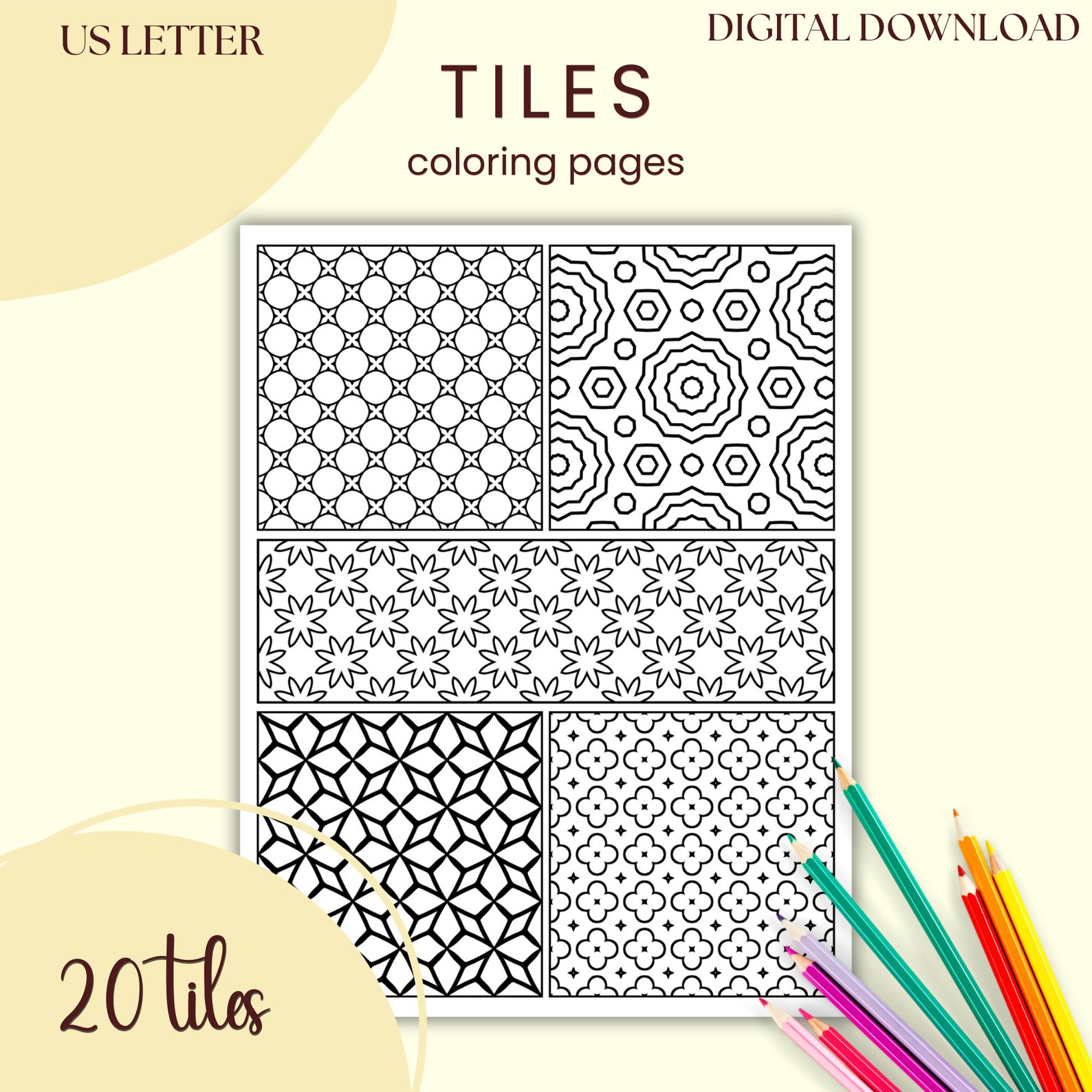 Geometric Tiles Coloring Pages, Mosaic Patterns (digital Download ...