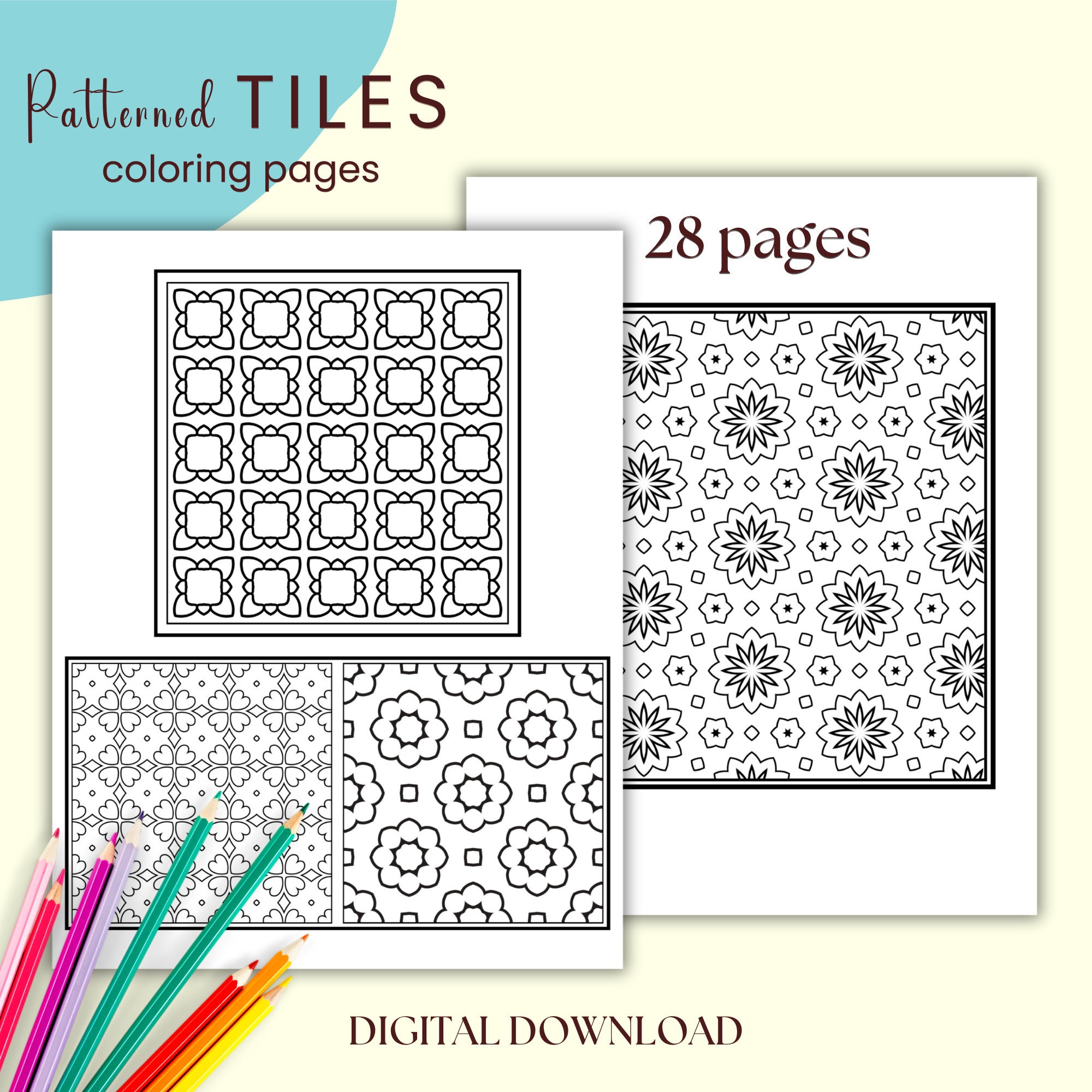 Geometric Floral Tiles Coloring Pages, Relaxing Patterns Intricate ...