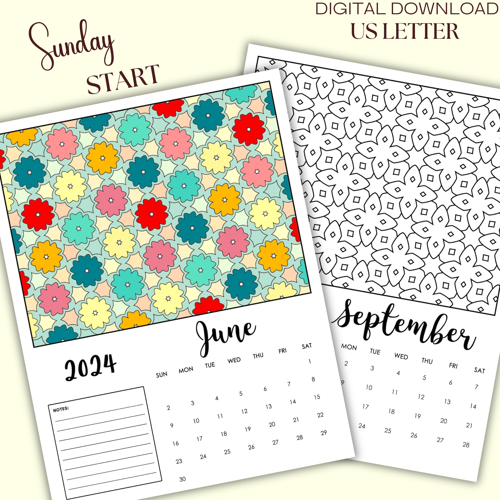 2024 Coloring Calendar, Printable 2024 Calendar Coloring Pages - Etsy