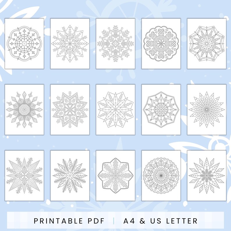 Hand-drawn Snowflakes Coloring Pages Mandala Style, Printable Set 15 ...