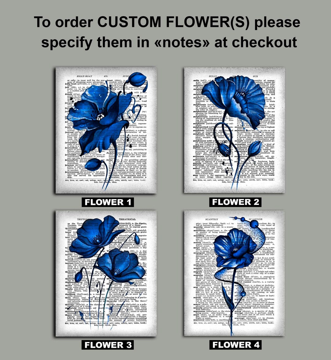 Blue Poppy Flower Art Print Dictionary Old Book Page Vintage - Etsy