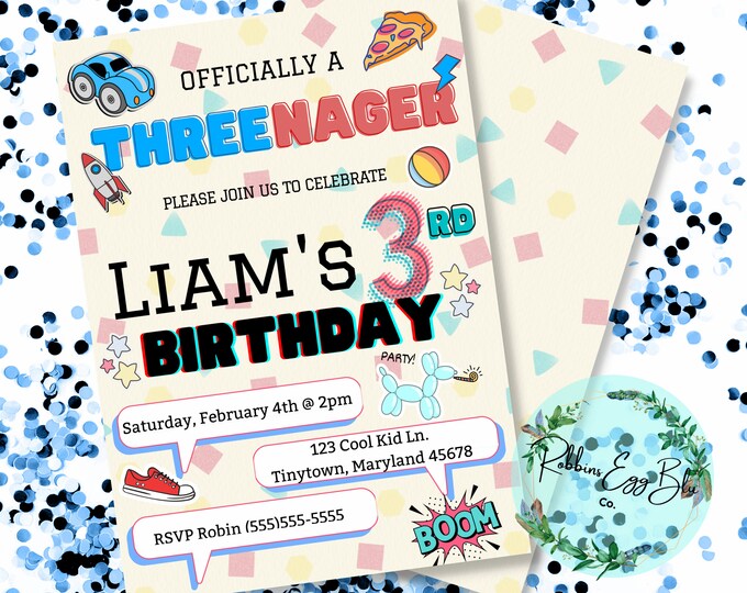 Threenager Boys Birthday Invitation| Boys 3rd Birthday| Personalized ...