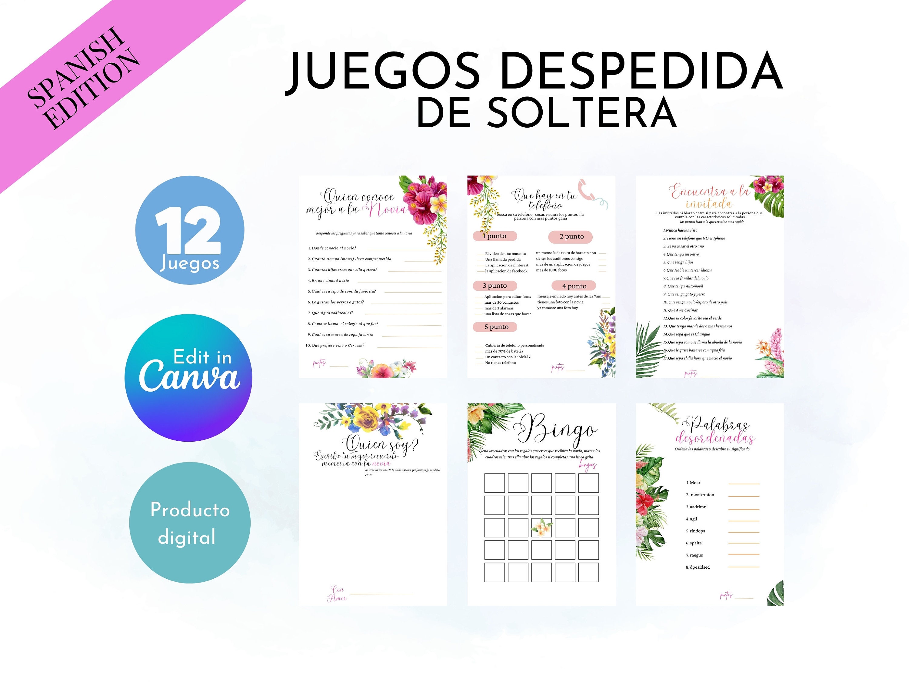 Spanish Printable Bridal Shower Games Set Tropical Despedida De Soltera ...