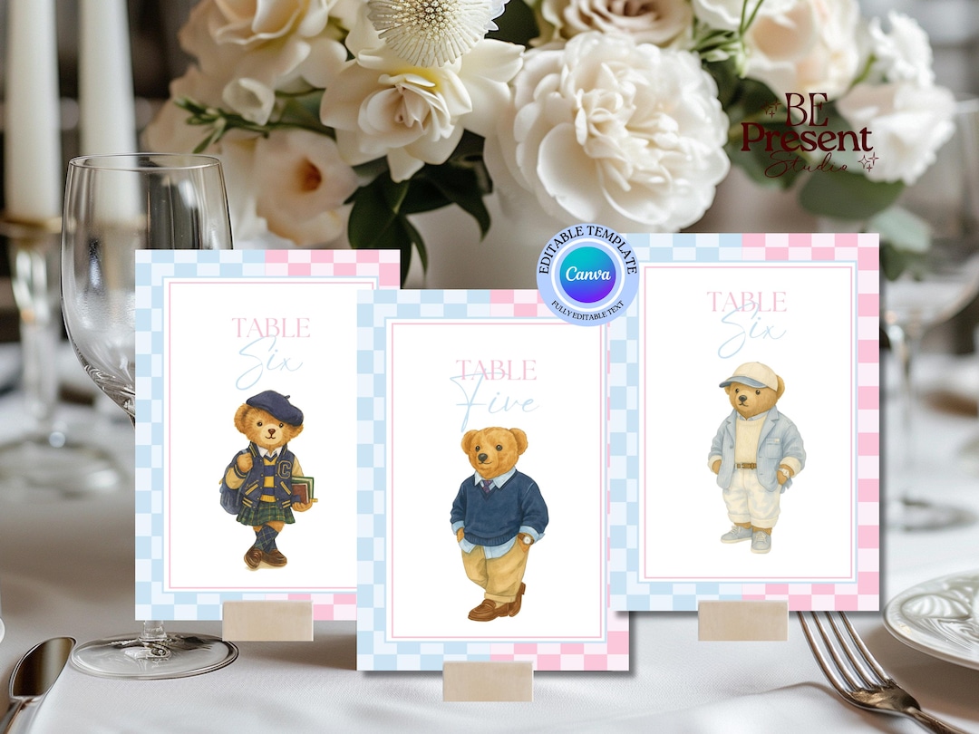 Teddy Bear Baby Shower Table Number Cards: Plaid Canva Template ...