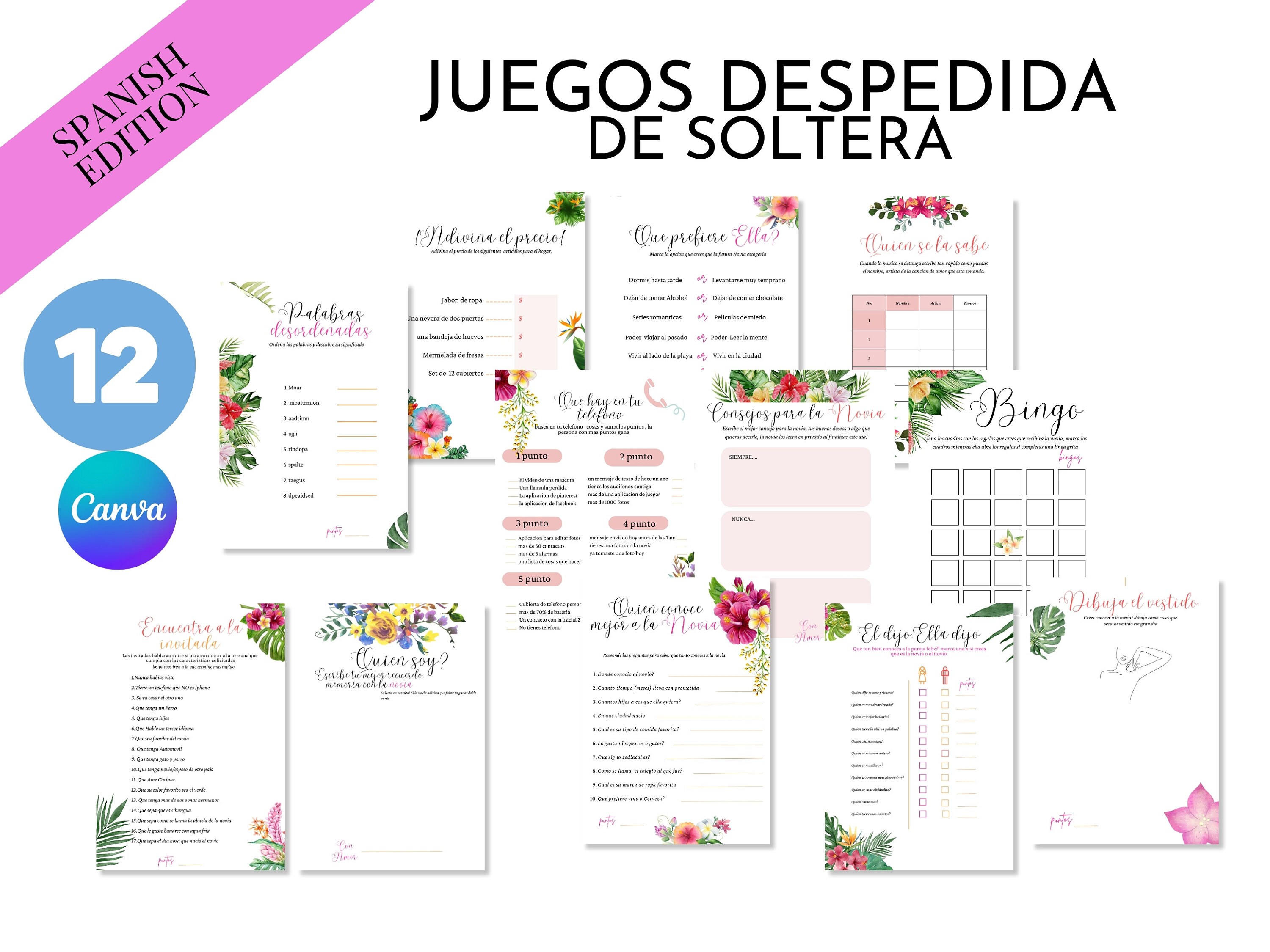 Spanish Printable Bridal Shower Games Set Tropical Despedida De Soltera ...