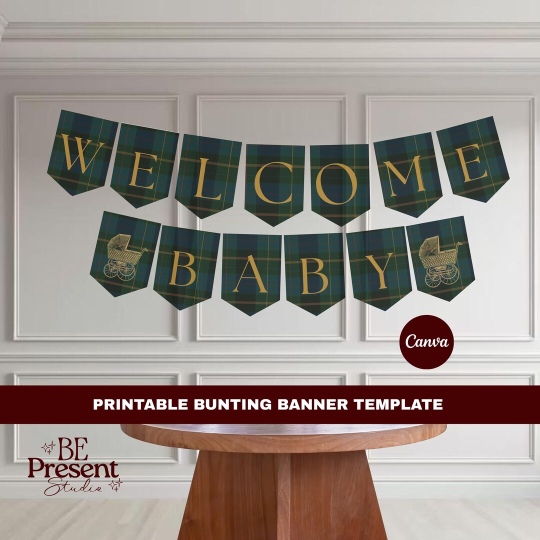 Plaid Teddy Bear Baby Shower Banner | Printable Canva Template (digital ...