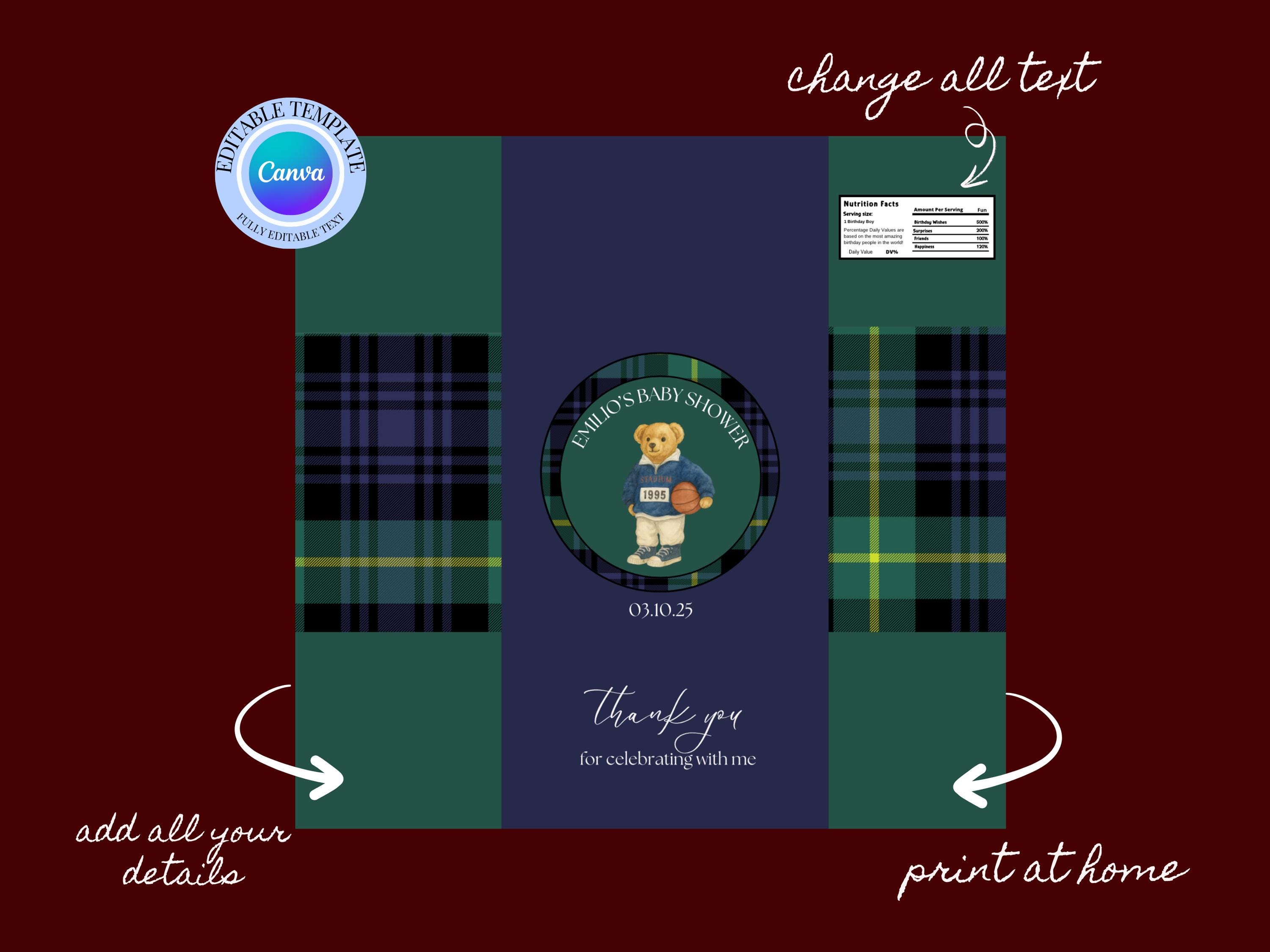 Teddy Bear Baby Shower Chocolate Bar Wrapper Template (digital Download ...