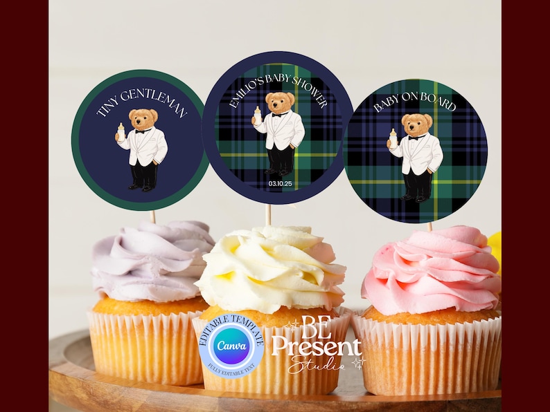 Polo Teddy Baby Shower Cupcake Toppers: Green & Blue (editable Canva ...