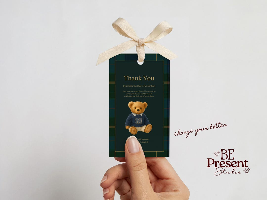 Plaid Polo Bear Thank You Card - Baby Shower Favor Tags (canva Template ...