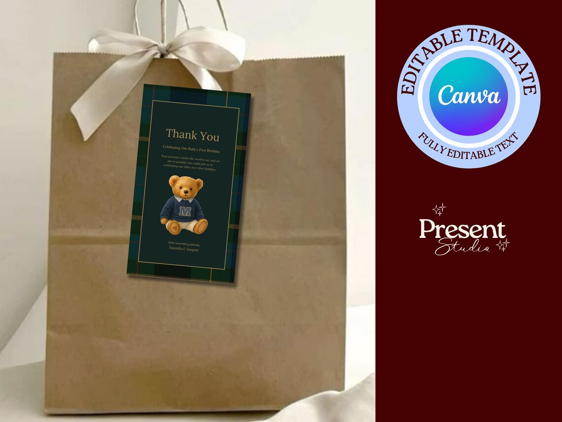Plaid Polo Bear Thank You Card - Baby Shower Favor Tags (canva Template ...