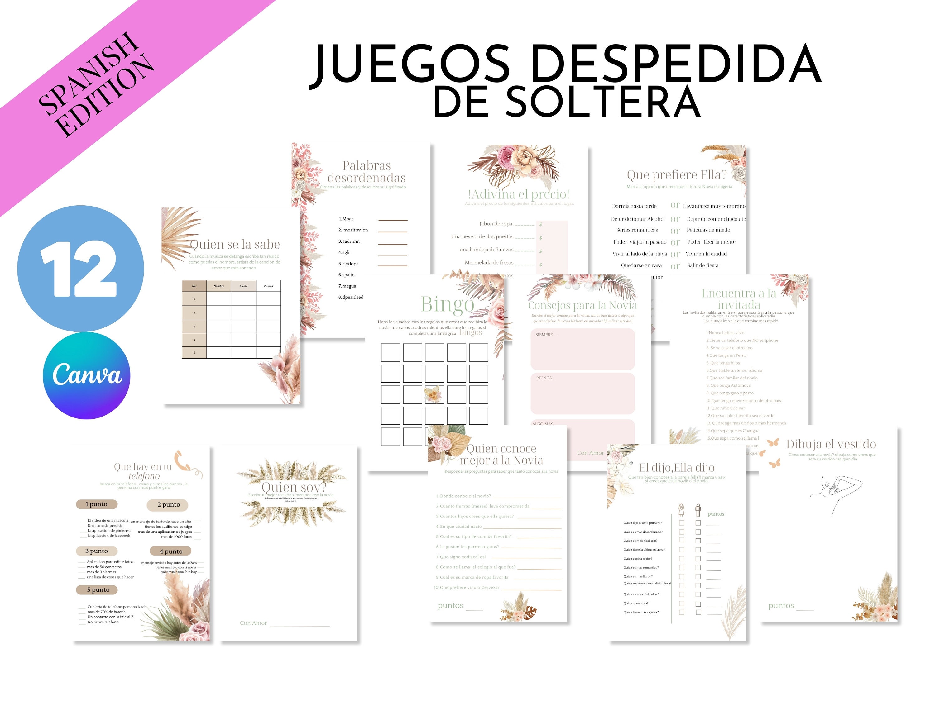 BOHO Spanish Printable Bridal Shower Games Set Despedida De Soltera ...