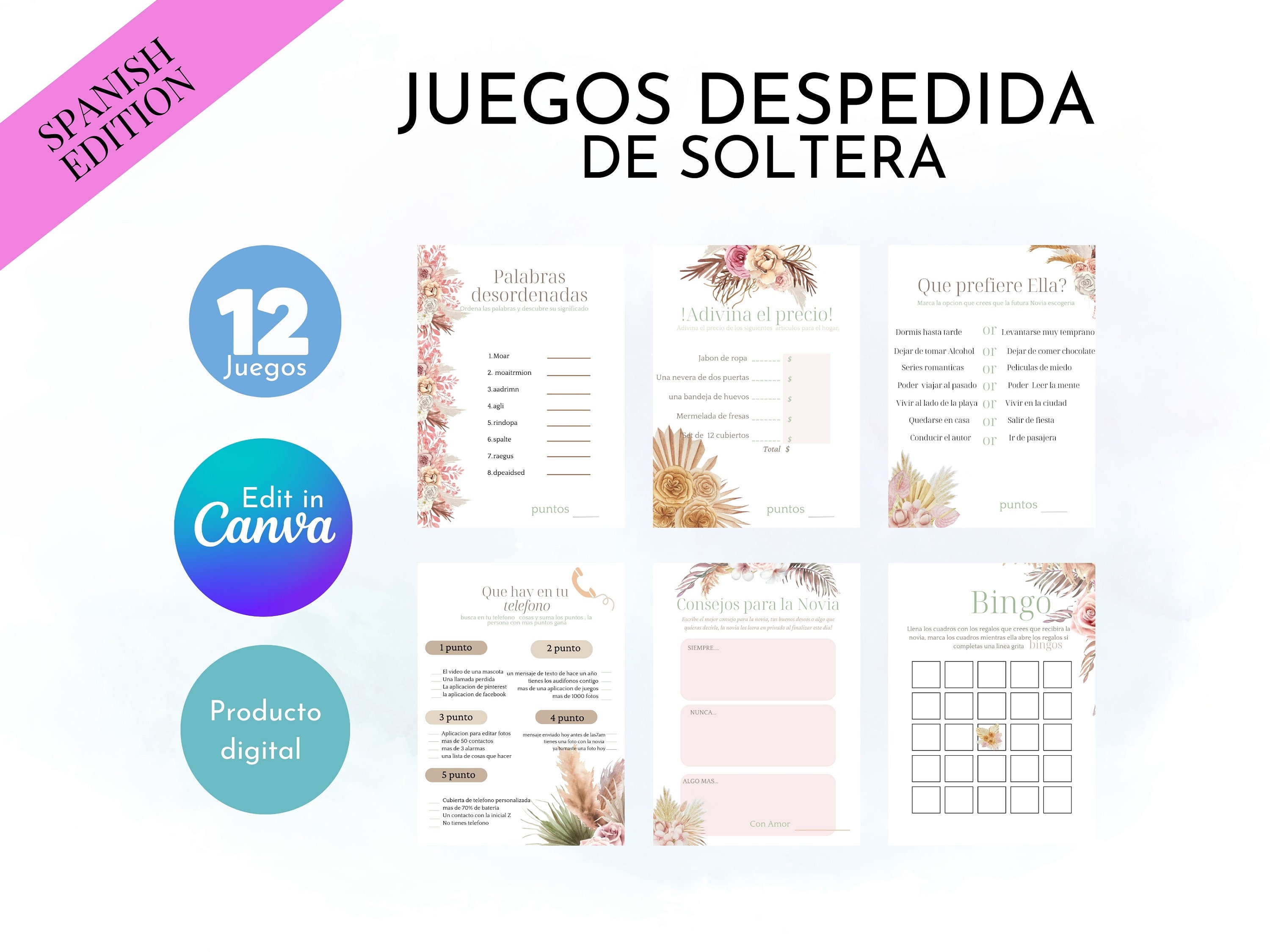 BOHO Spanish Printable Bridal Shower Games Set Despedida De Soltera ...