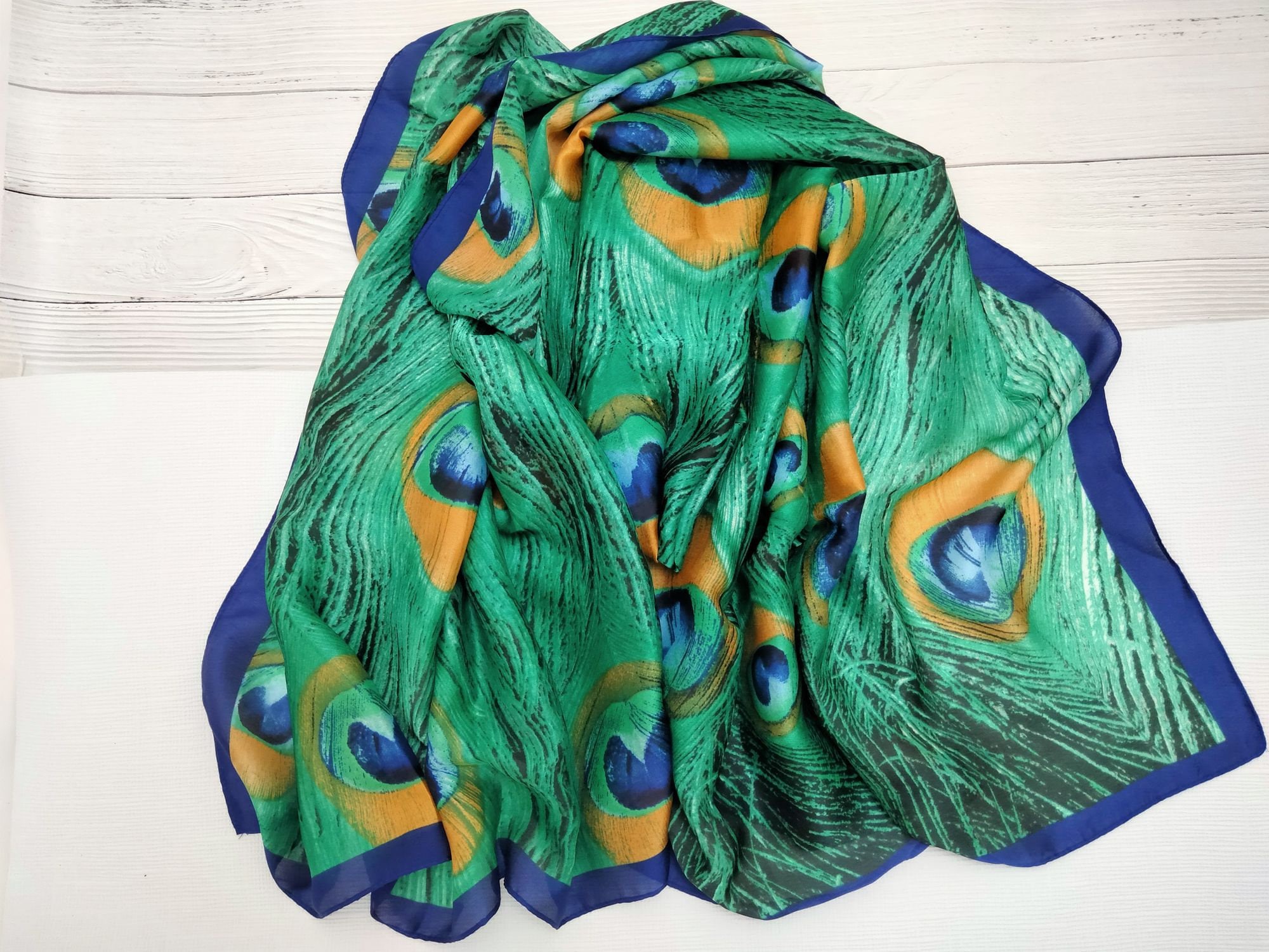 Green Peacock Feather Print Scarf, Long Silk Shawl, Bird Print Scarf - Etsy