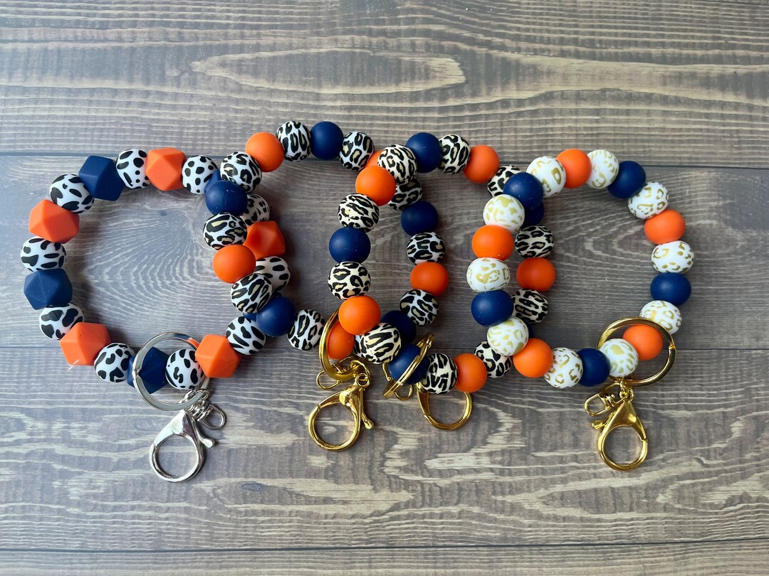 Animal Print Orange and Blue Silicone Bead Keychain Wristlet (auburn ...