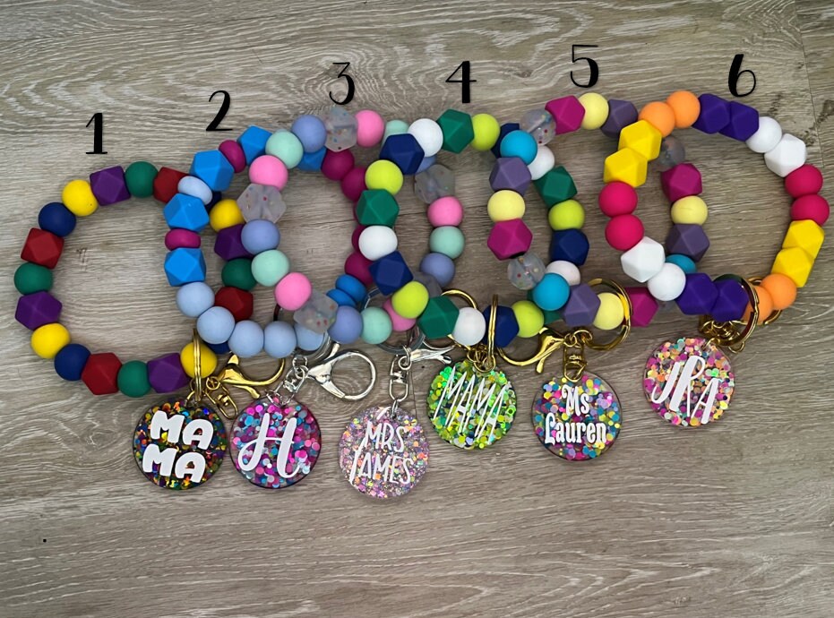 Silicone Bead Keychain Wristlet With Personalized Glitter Charm - Etsy