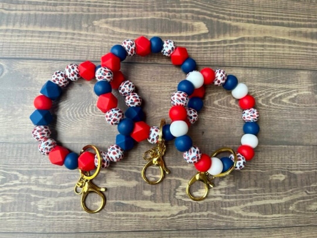 Red, White, and Blue Leopard Print Silicone Bead Keychain Wristlet - Etsy