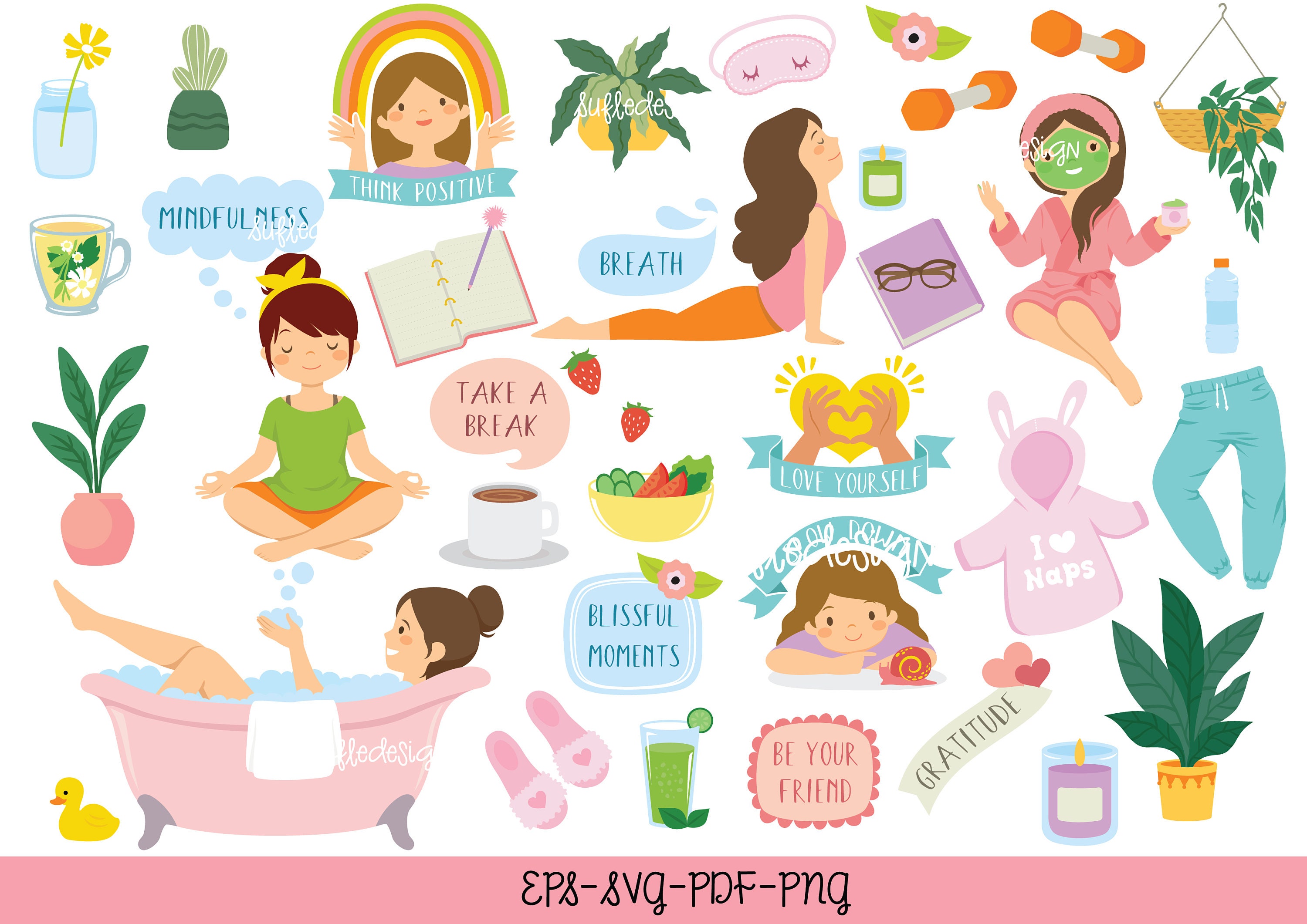 Self Care and Wellbeing Clipart Set. Cartoon Girls Icons and - Etsy UK