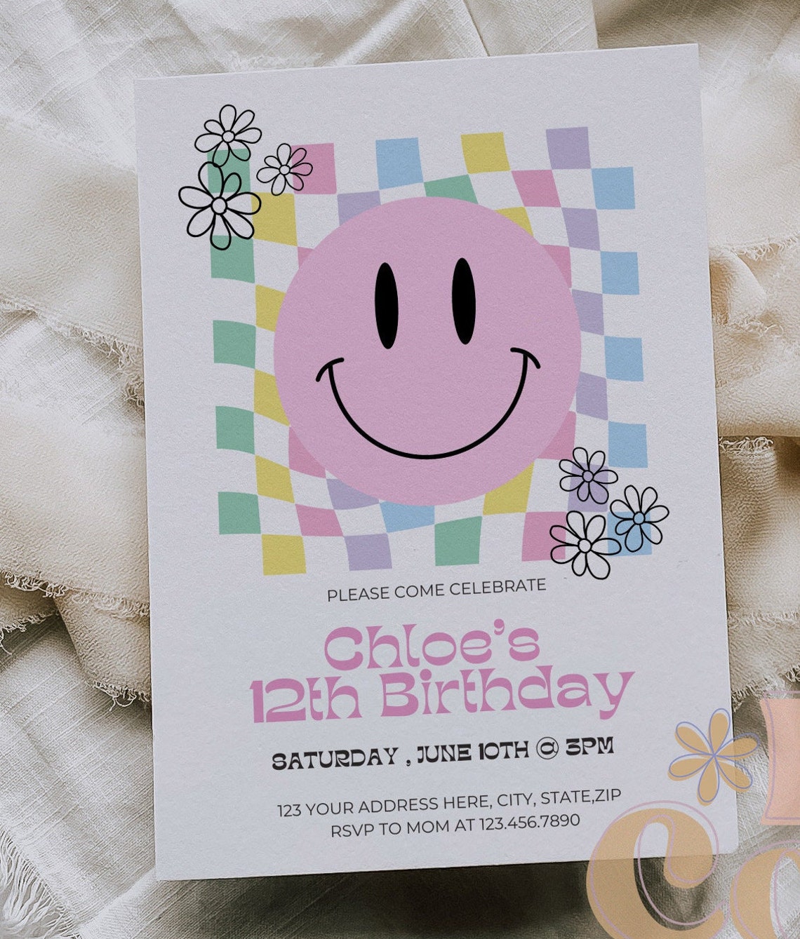 Checkered Smiley Face Birthday Party Invitation Retro Groovy - Etsy
