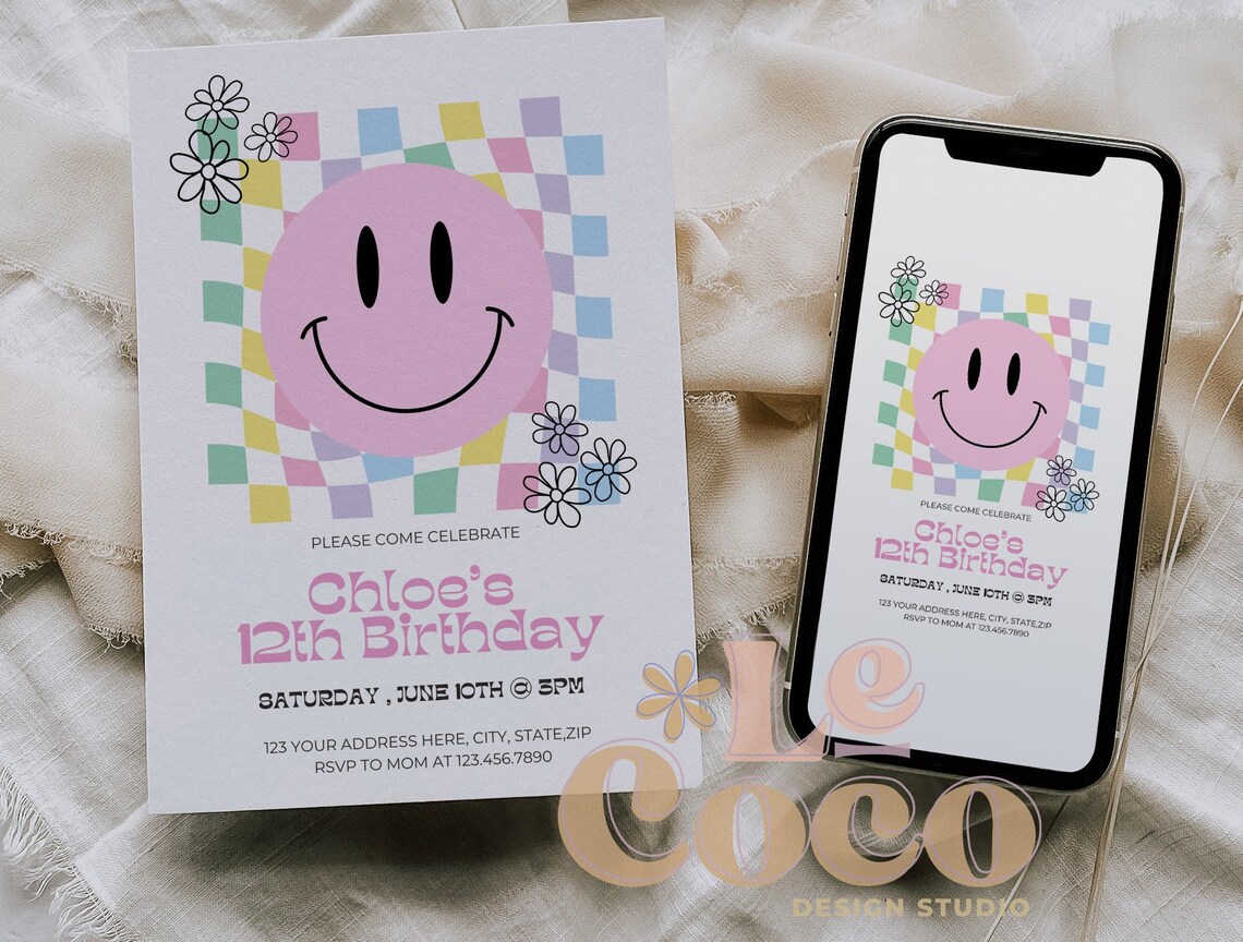 Checkered Smiley Face Birthday Party Invitation Retro Groovy - Etsy