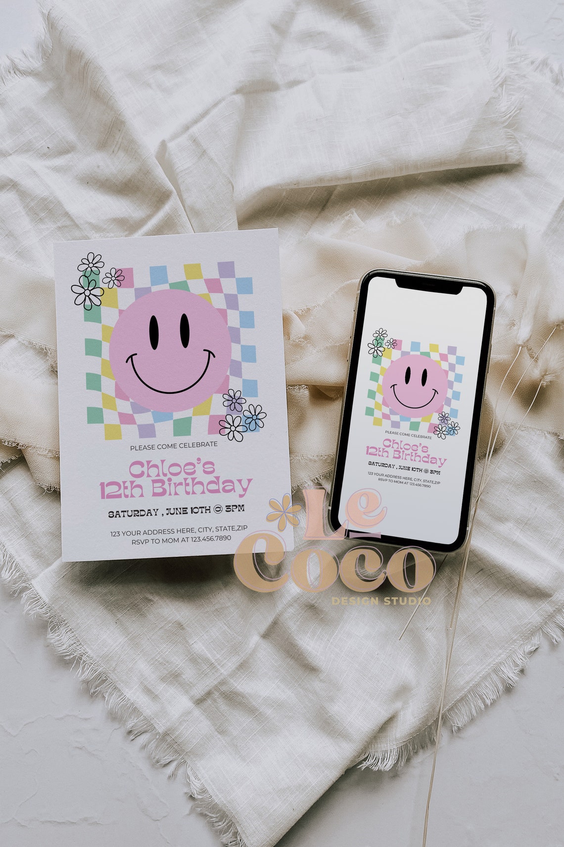 Checkered Smiley Face Birthday Party Invitation Retro Groovy - Etsy