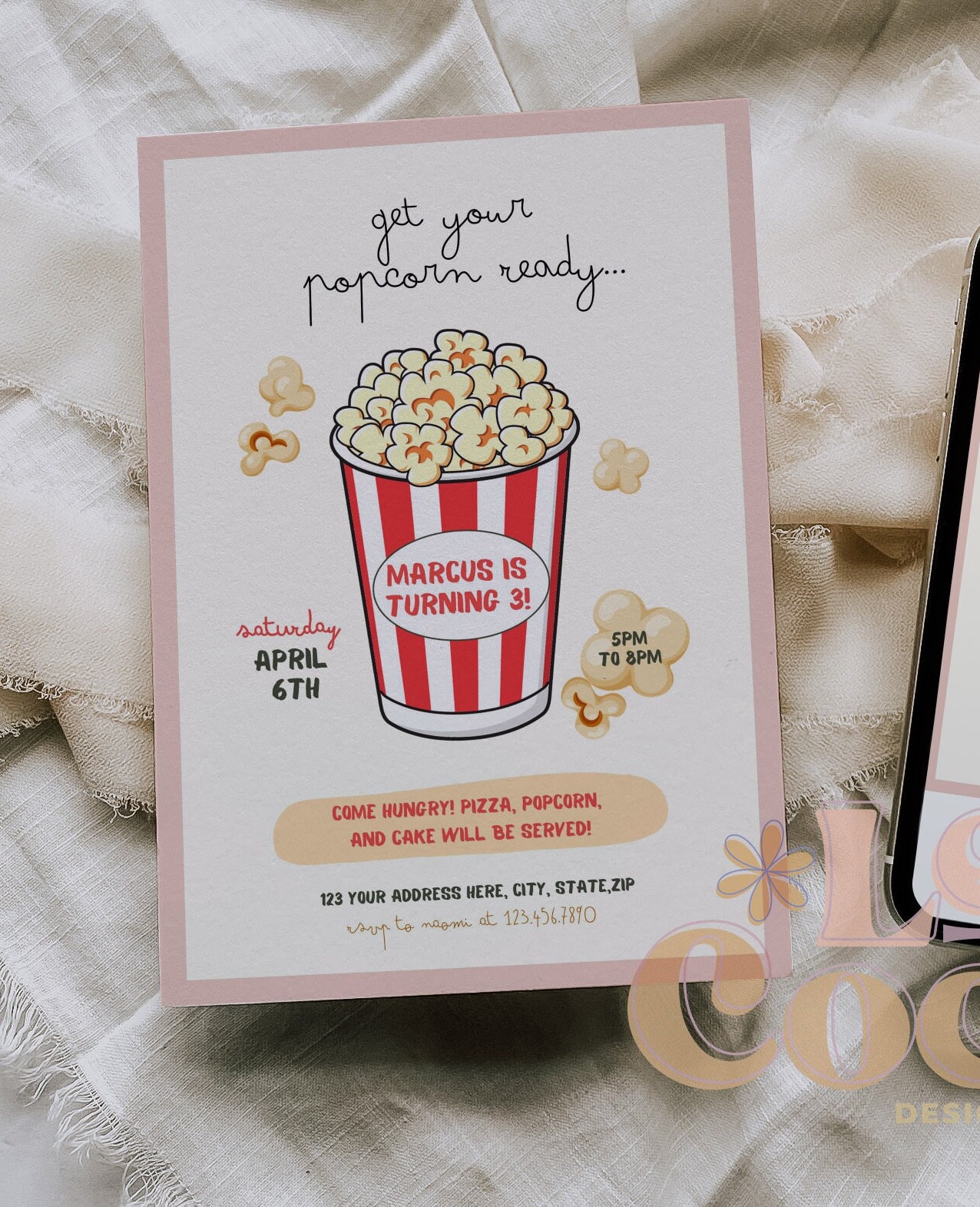 Popcorn Movie Birthday Party Invitation Template, Editable Minimal ...