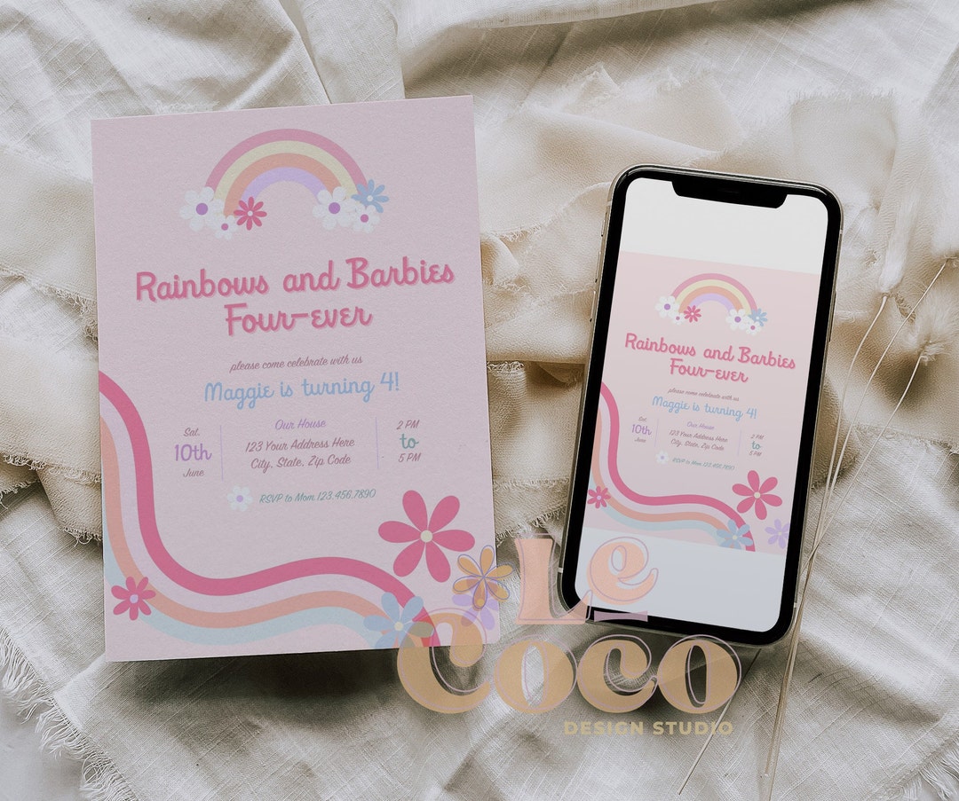 Rainbow Barb Doll Birthday Invitation: Editable Girls Party Invite ...