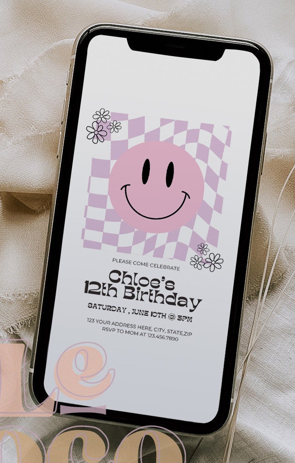 Checkered Smiley Face Birthday Invitation: Retro Groovy Party (digital ...