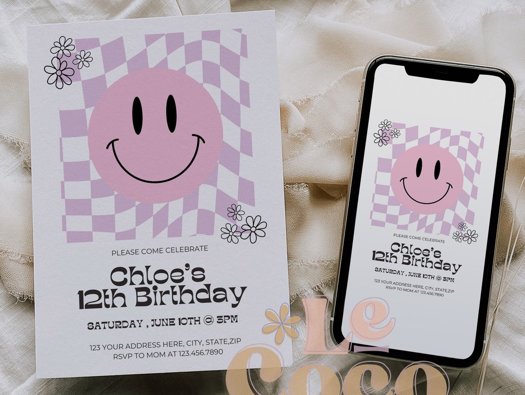 Checkered Smiley Face Birthday Invitation: Retro Groovy Party (digital ...