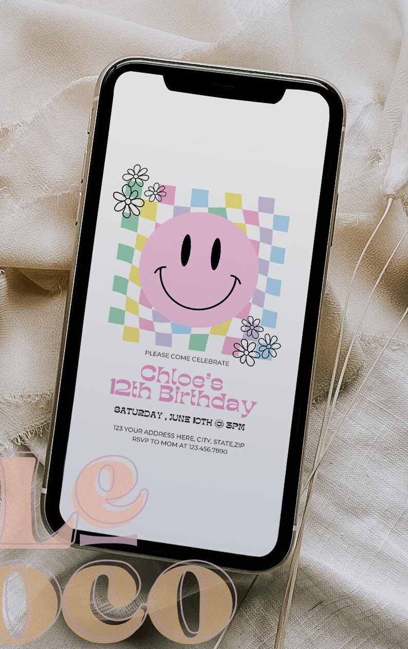 Checkered Smiley Face Birthday Party Invitation Retro Groovy - Etsy