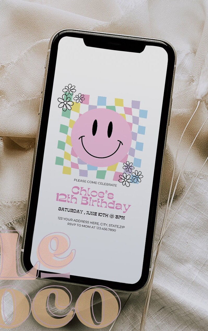 Checkered Smiley Face Birthday Party Invitation Retro Groovy - Etsy