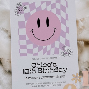 Checkered Smiley Face Birthday Invitation: Retro Groovy Party (digital ...