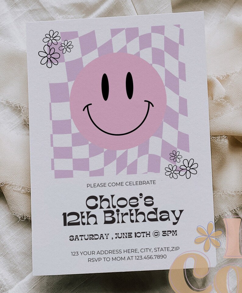 Checkered Smiley Face Birthday Invitation: Retro Groovy Party (digital ...