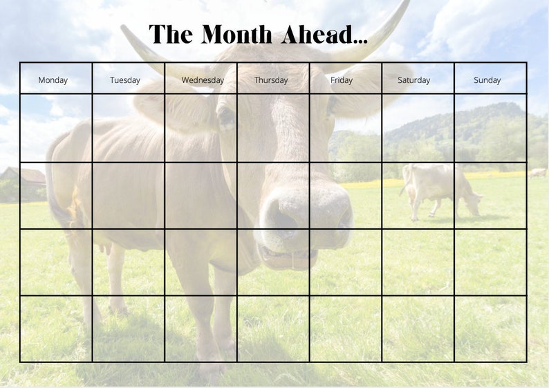 Cow A4 Printable Generic Monthly Planner - Etsy