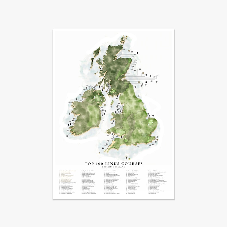Top 100 Golf Courses Map: Britain & Ireland Links, Watercolor Print ...