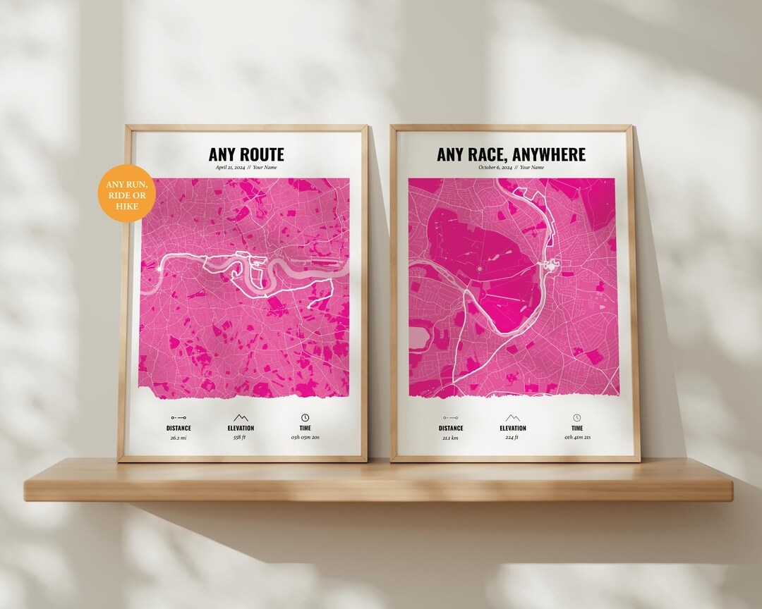 Personalised Hot Pink Route Map | Custom Run, Ride & Hike Print ...
