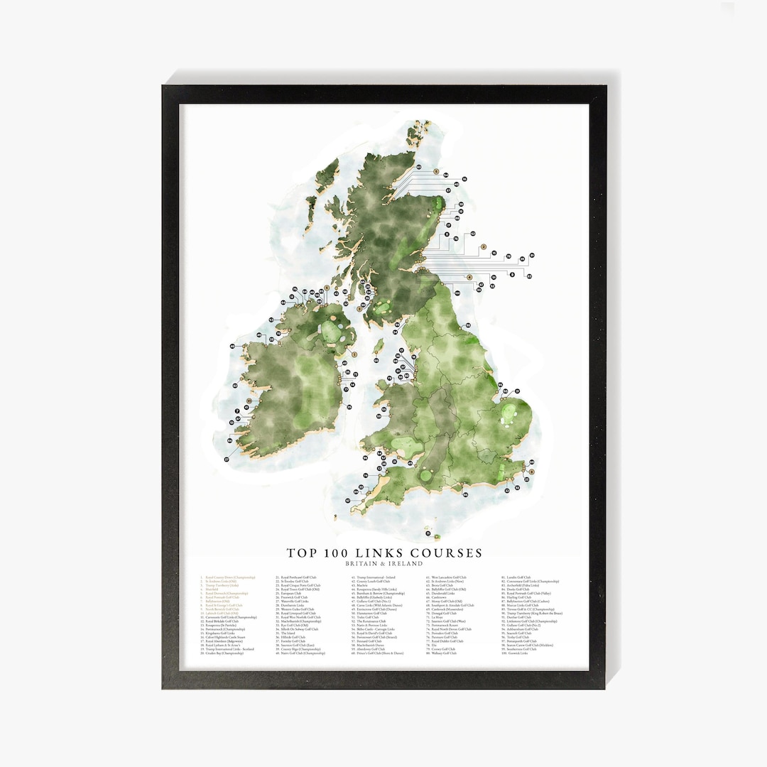 Top 100 Golf Courses Map: Britain & Ireland Links, Watercolor Print ...