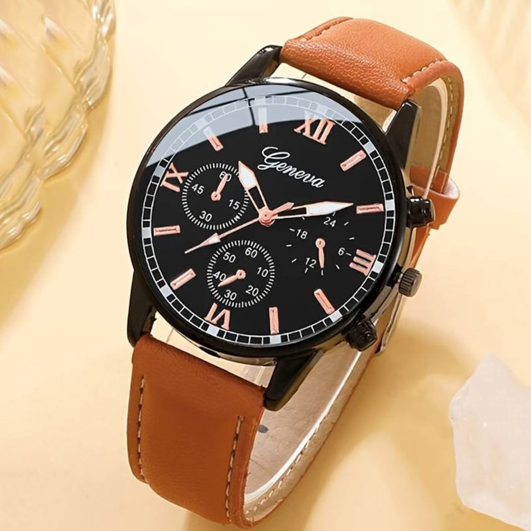 Classic Men's Luxury Analog Watch Leather Strap Black & - Etsy