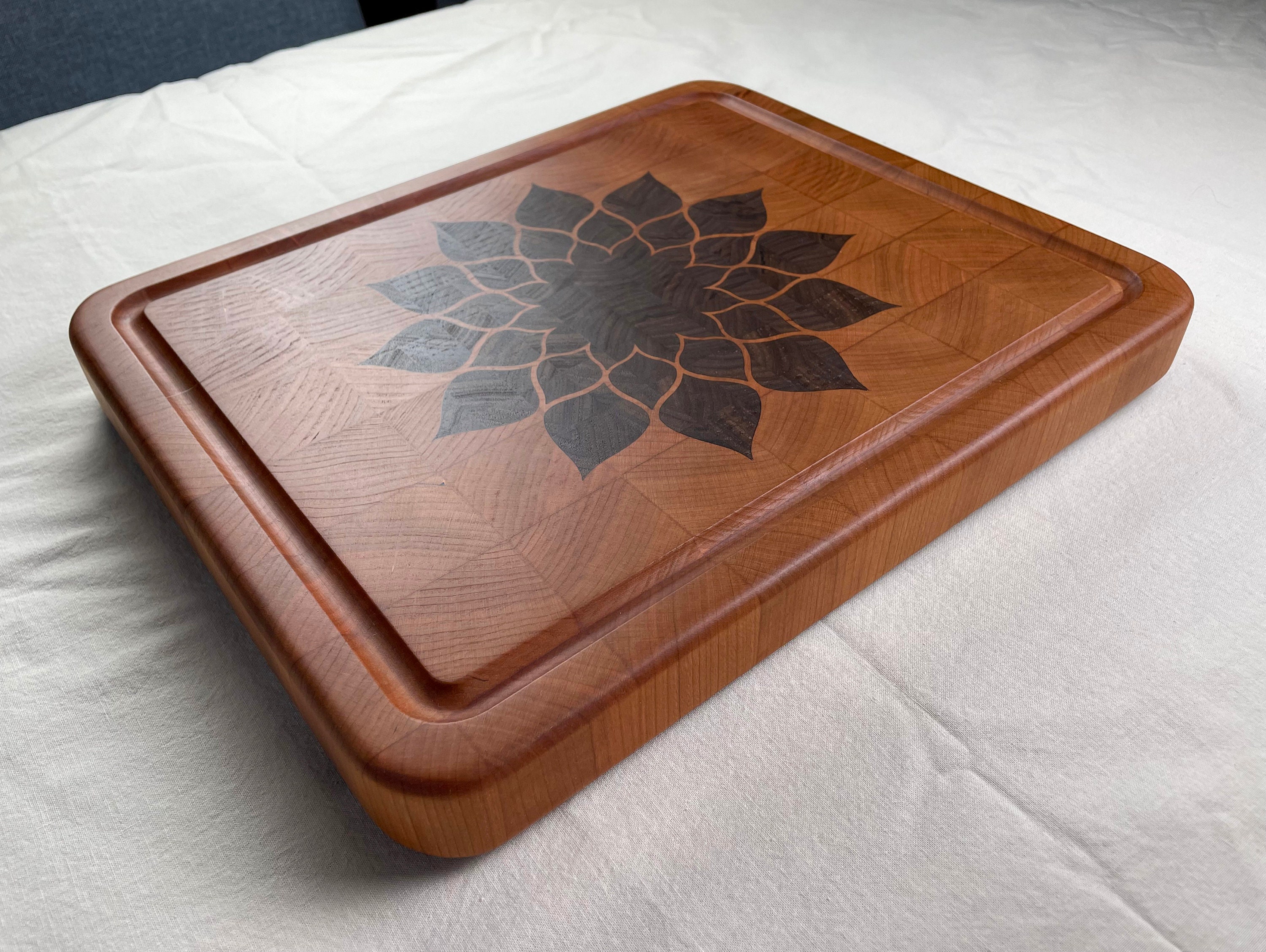 End Grain Cutting Board, Cherry With Walnut Inlay - Mandala - Cutting ...