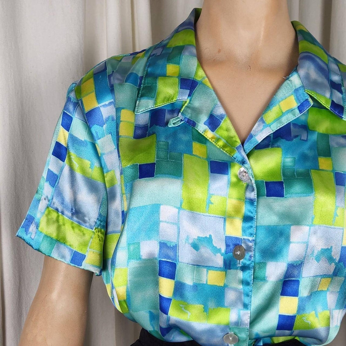 Vintage Cube Blouse From the 1980s by Requirements, Blue and Green ...
