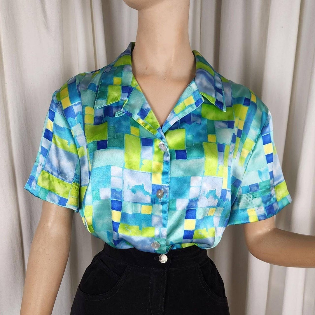 Vintage Cube Blouse From the 1980s by Requirements, Blue and Green ...