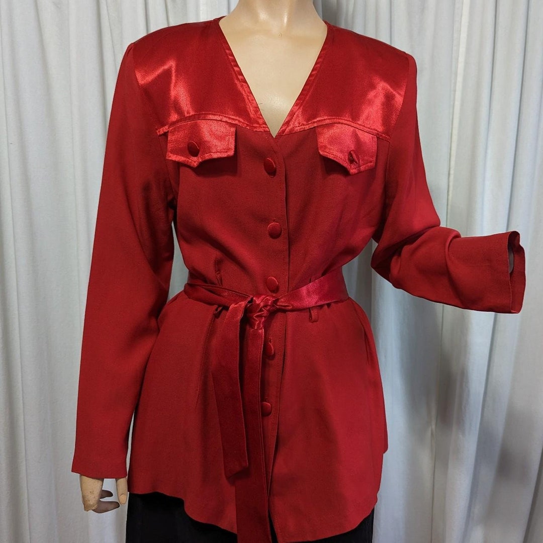 Vintage Belted Blouse From the 1980s by Xtrmz, Silky, Red, Button Down, Size Large - Etsy