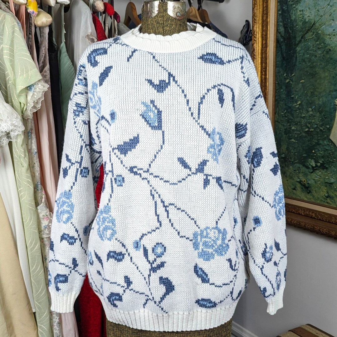 Vintage Rose Sweater From the 1980s by Nan Dorsey, Size Large, Blue - Etsy